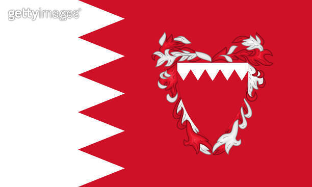 The official current flag and coat of arms of Kingdom of Bahrain. State ...