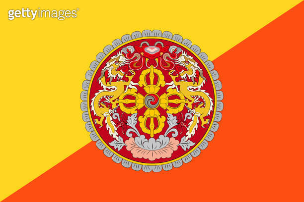 The official current flag and coat of arms of Kingdom of Bhutan. State ...