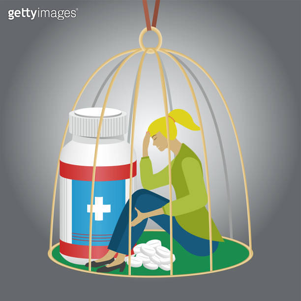 Woman trapped in cage with drugs, pill bottle. Square composition ...
