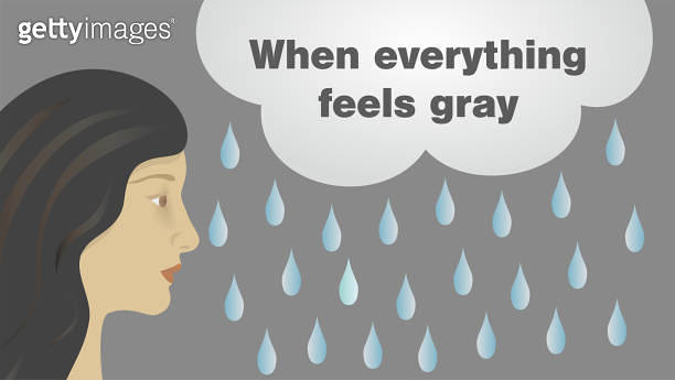 Woman, girl with rainy cloud and text: When everything feels gray ...