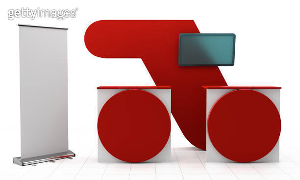 Exhibition stand design, Circle shape red booth mock-up with roll-up ...