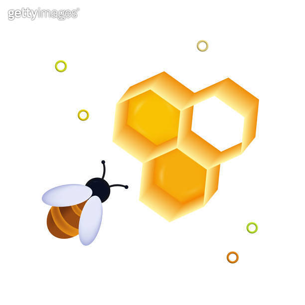 Bee cell with honey. Waxy hexagon with sticky sweet liquid. Yellow ...