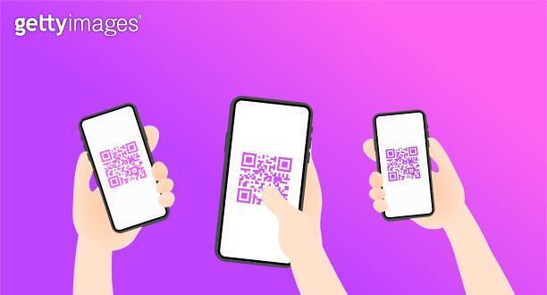 Qr code on the phone screen. Flat, pink, finger presses qr-code, scan ...