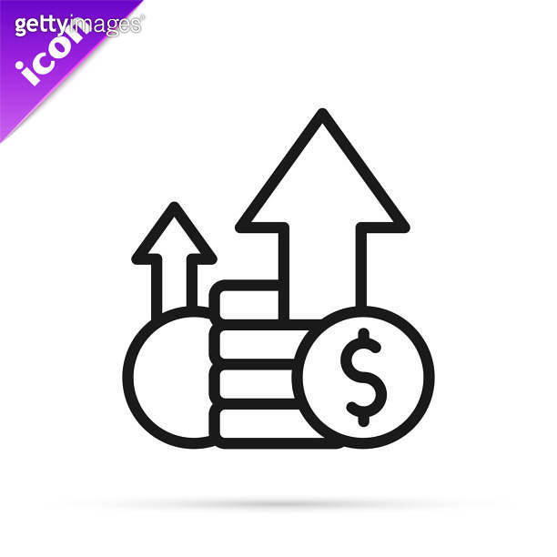 Black line Financial growth and coin icon isolated on white background. Increasing revenue ...