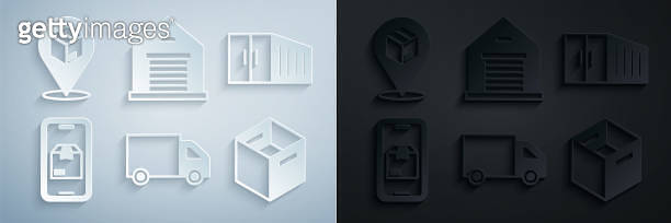 Set Delivery cargo truck, Container, Mobile app delivery tracking, Carton cardboard box ...