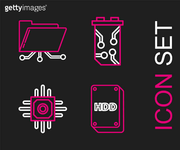 Set line Hard disk drive HDD, Processor, Video graphic card and Folder ...