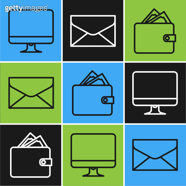 Set line Computer monitor screen, Wallet with stacks paper money cash ...