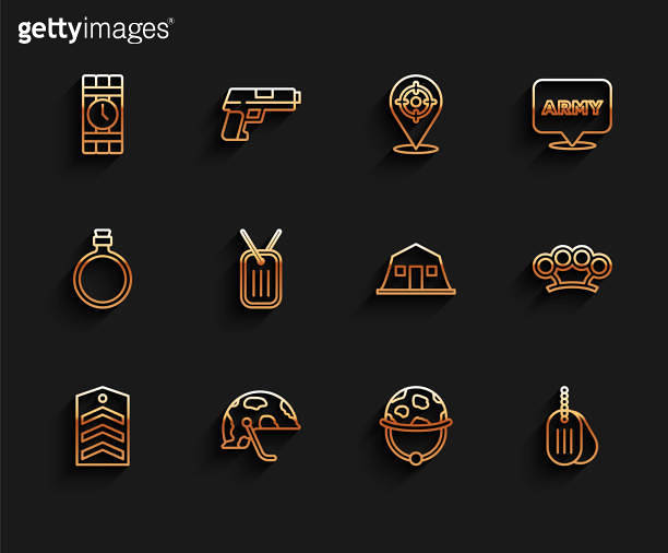 Set line Chevron, Military helmet, Dynamite and timer clock, dog tag ...