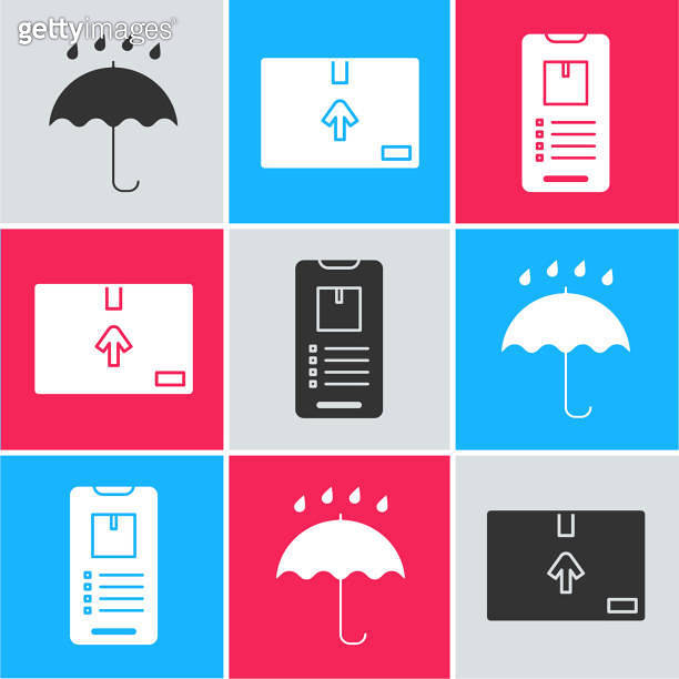Set Umbrella and rain drops , Cardboard box with traffic symbol and Mobile phone with app ...