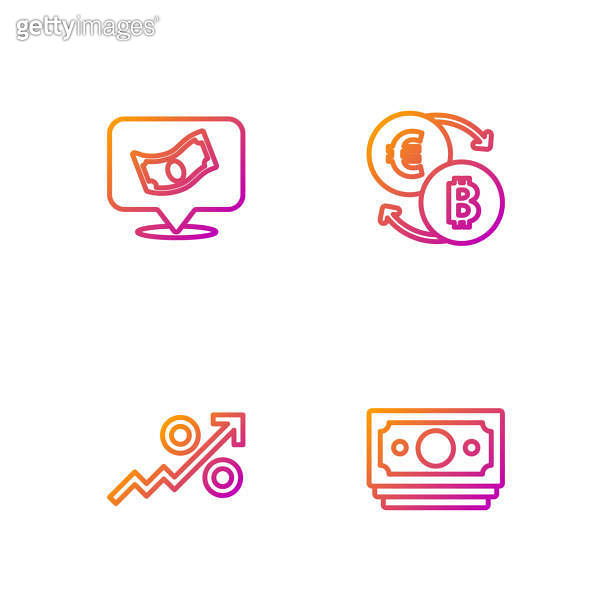 Set line Stacks paper money cash, Percent up arrow, and Cryptocurrency exchange. Gradient color ...