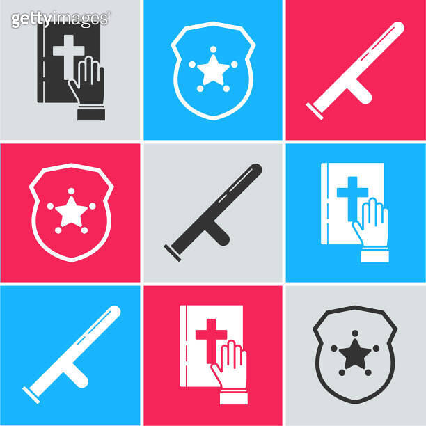 Set Oath on the Holy Bible, Police badge and Police rubber baton icon ...
