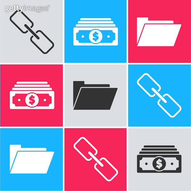 Set Chain link, Stacks paper money cash and Document folder icon ...
