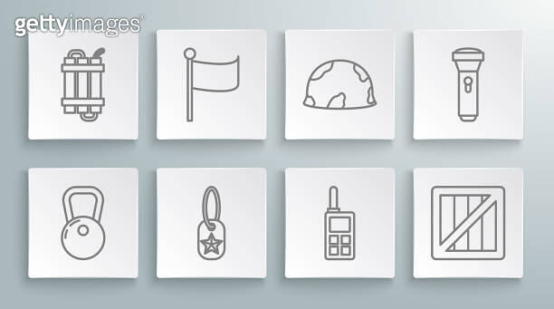 Set line Kettlebell, Flag, Military dog tag, Walkie talkie, ammunition ...