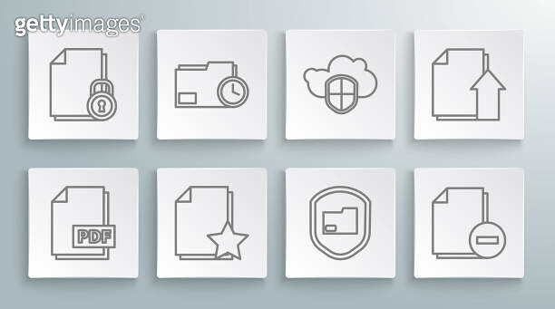 Set line PDF file document, Document folder with clock, star, protection, minus, Cloud and ...