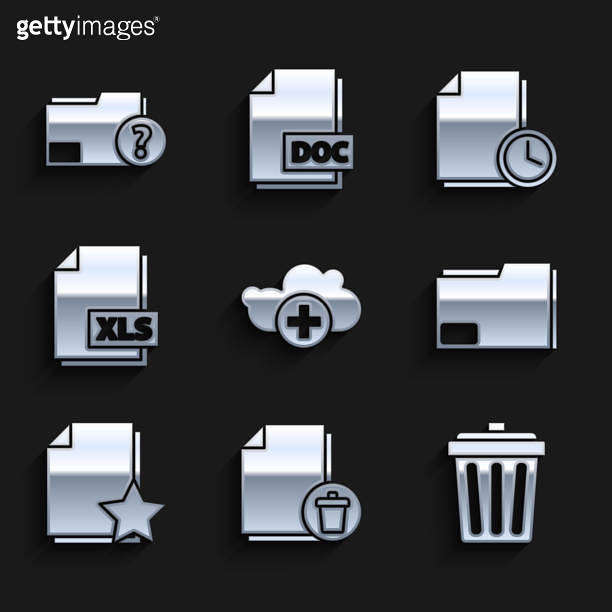 Set Add cloud, Delete file document, Trash can, Document folder, with star, XLS, clock and ...