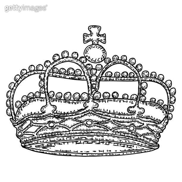 King or Queen crown on in vintage etching style. Coronation headdress ...