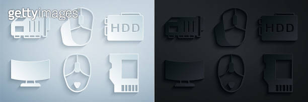 Set Computer mouse, Hard disk drive HDD, monitor screen, SD card, and ...