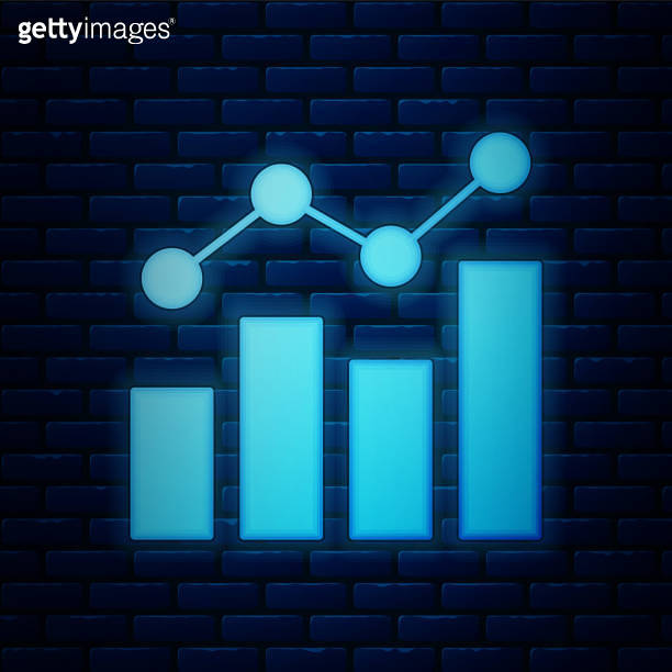 Glowing neon Financial growth increase icon isolated on brick wall background. Increasing ...