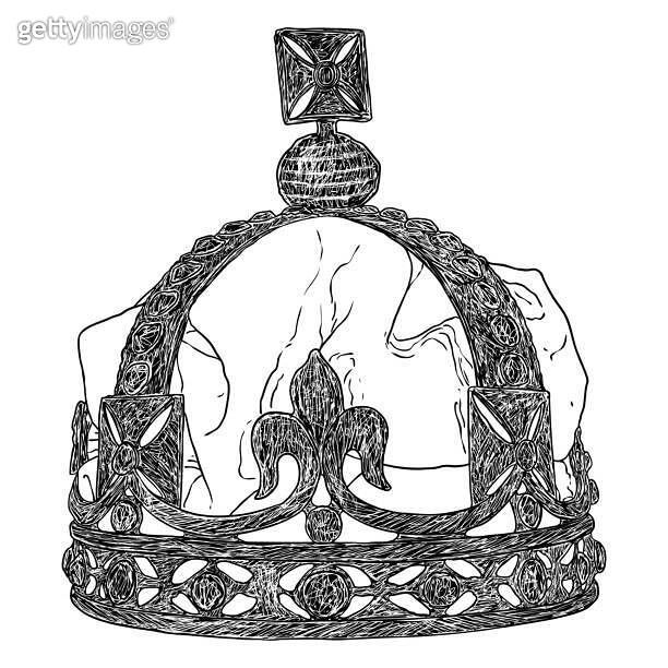 Etching drawing of crown with jewels. King coronation coronet. Hand ...