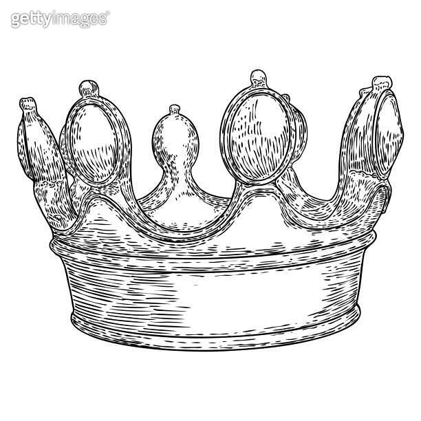 King or Queen crown on in vintage etching style. Coronation headdress ...