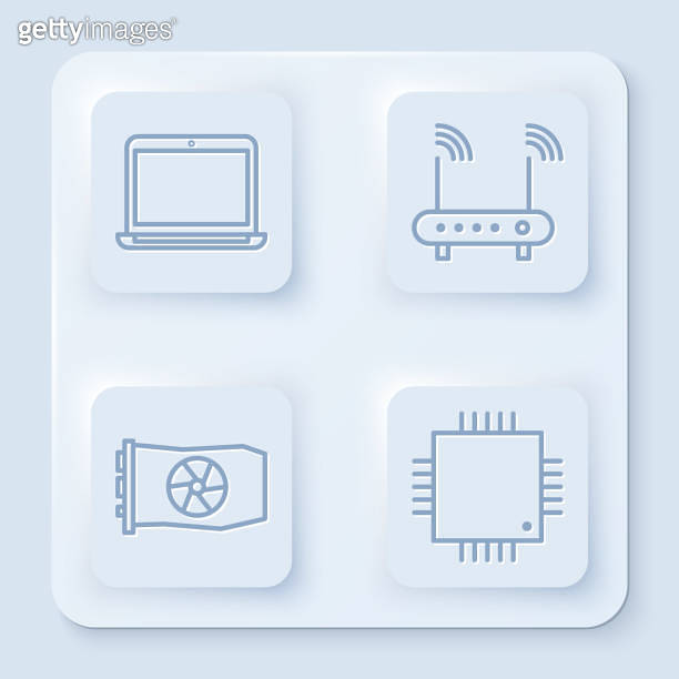 Set line Laptop, Router and wi-fi signal, Video graphic card and Processor with microcircuits ...