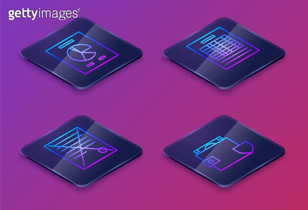Set Isometric line Document with graph chart, Delete file document, Report file document and ...