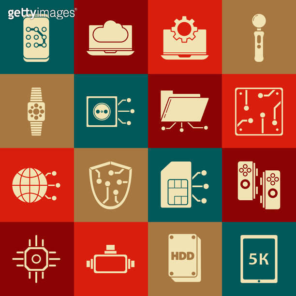 Set Tablet with text 5k, Gamepad, Processor, Laptop and gear, Remote control, Smartwatch, Mobile ...