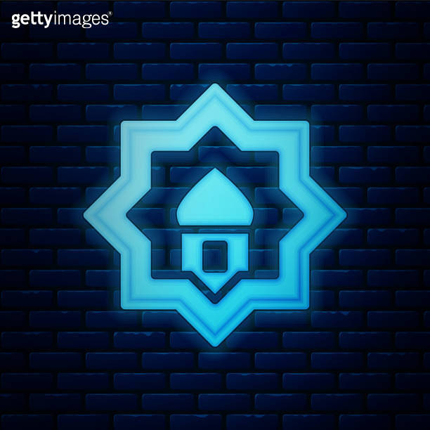 Glowing neon Muslim Mosque icon isolated on brick wall background ...