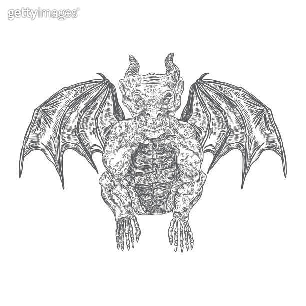 Gargoyle in sitting aggressive position to attack Human and dragon bat ...
