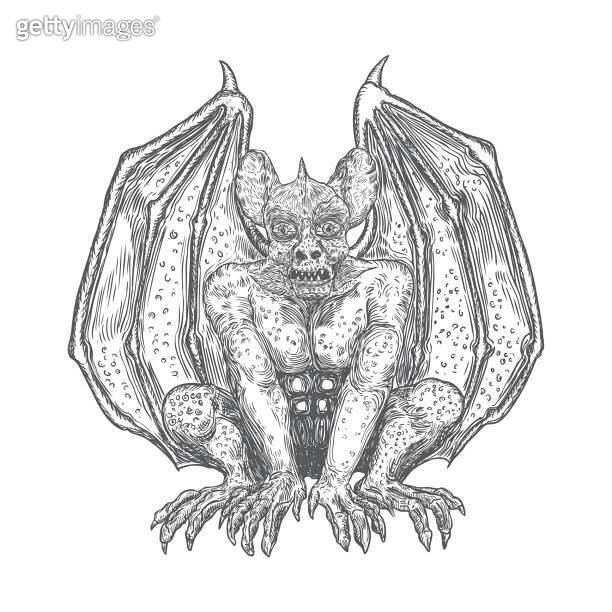 Gargoyle in sitting aggressive position to attack Human and dragon bat ...