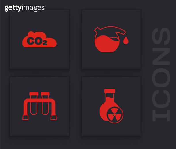 Set Test tube with toxic liquid, CO2 emissions in cloud, and icon ...