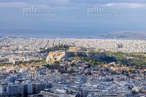 Aerial view of the city with hill of Acropolis of Athens from the Mount ...
