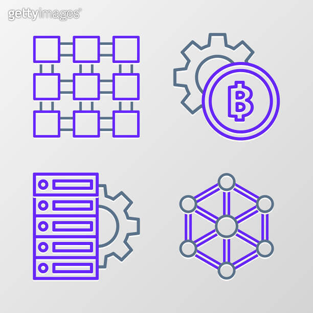 Set line Blockchain technology, Server and gear, Cryptocurrency coin Bitcoin and icon. Vector ...
