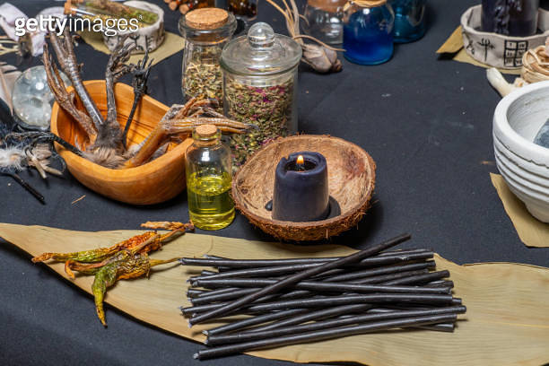 Magic liquid spell potion in the glass vials with black witchcraft ...