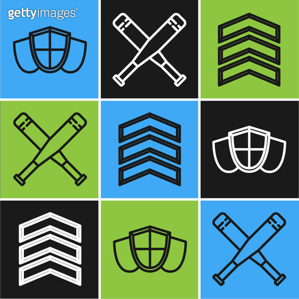 Set line Shield, Military rank and Crossed baseball bat icon. Vector ...