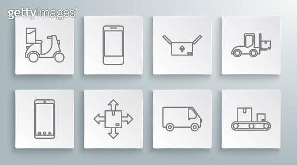 Set line Mobile phone with app delivery tracking, Cardboard box traffic symbol, Delivery cargo ...