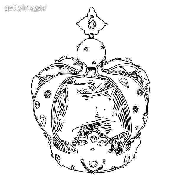 Etching drawing of crown with jewels. King coronation coronet. Hand ...