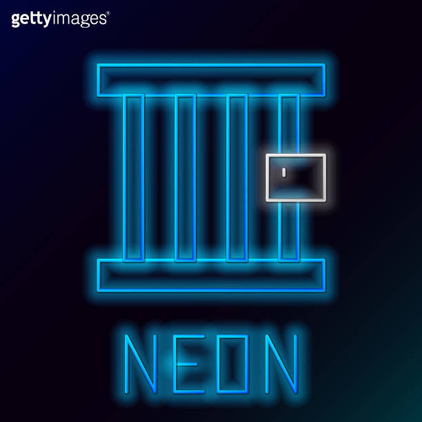 Glowing neon line Prison window icon isolated on black background ...