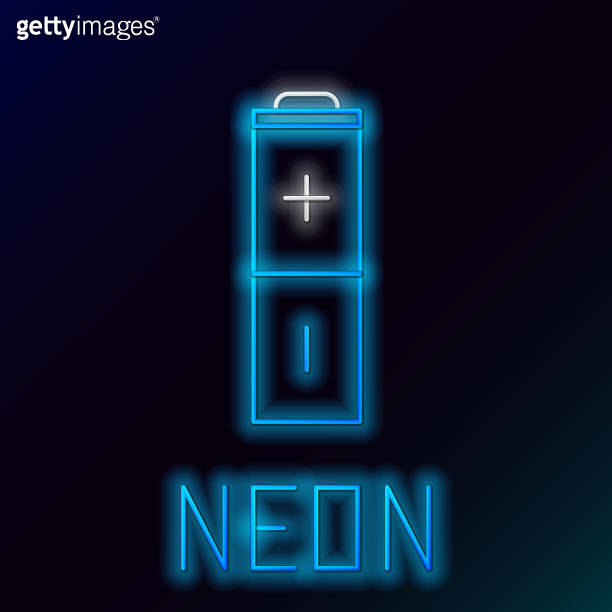 Glowing neon line Battery icon isolated on black background. Lightning ...