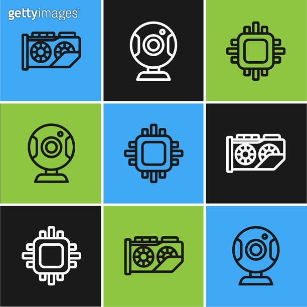 Set line Video graphic card, Processor with CPU and Web camera icon. Vector 이미지 (1477241990 ...