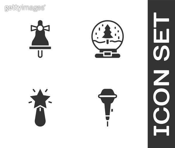Set Microphone, Merry Christmas ringing bell, star and snow globe icon ...