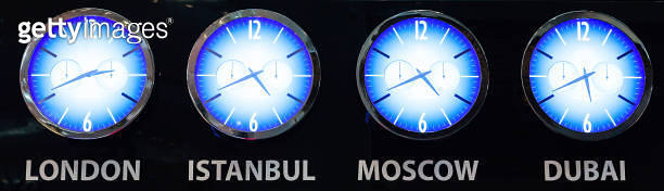 Modern wall clocks in different time zones. Time of cities London ...