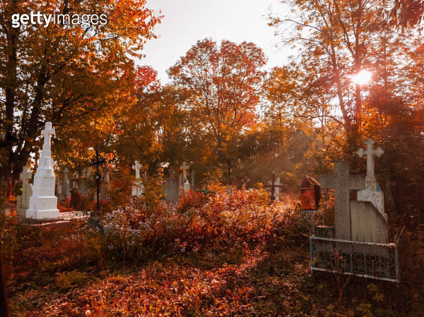 Autumn graveyard. Stone crosses in an old abandoned cemetery in the ...