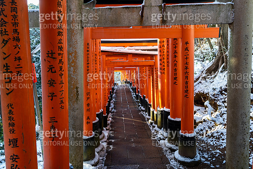 Fushimi Inari-taisha Torii Gates with snow on the roof in winter. Kyoto ...