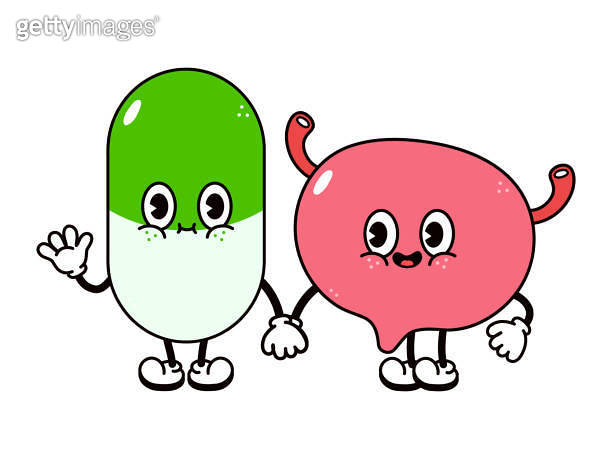 Cute, funny happy bladder and pill character. Vector hand drawn cartoon ...