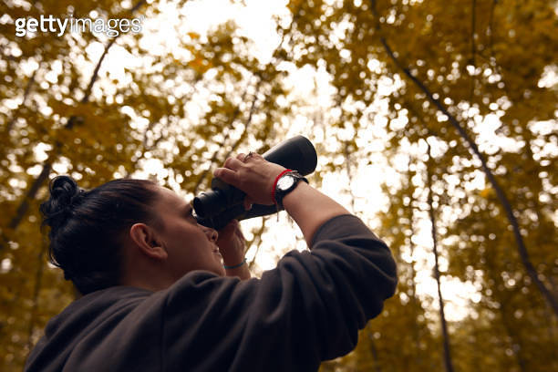 Woman using binoculars for birdwatching and observing other animals in ...