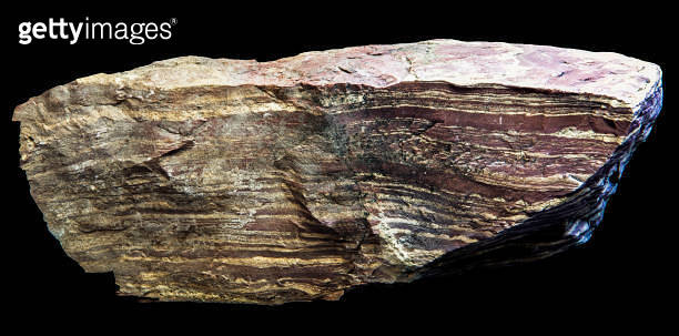 Magnified close up of a maroon and white layered metamorphic rock ...