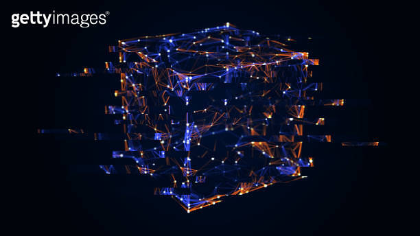 Abstract wireframe cube with glitch effect. Color shape with noise and ...