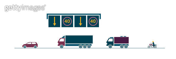 Vehicles passing along by traffic signs indicating allowed velocity and ...