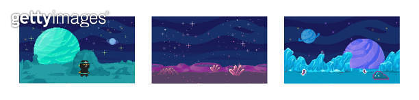Space exploration pixelated scenes set, fantasy alien landscape ...